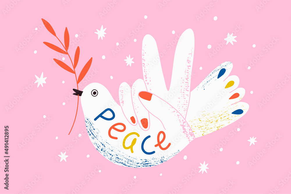 Concept for world peace day postcard with dove, branch. Hand with peace ...