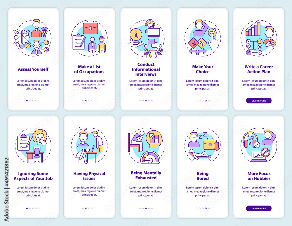 How to choose right job onboarding mobile app screen set. Wrong career ...