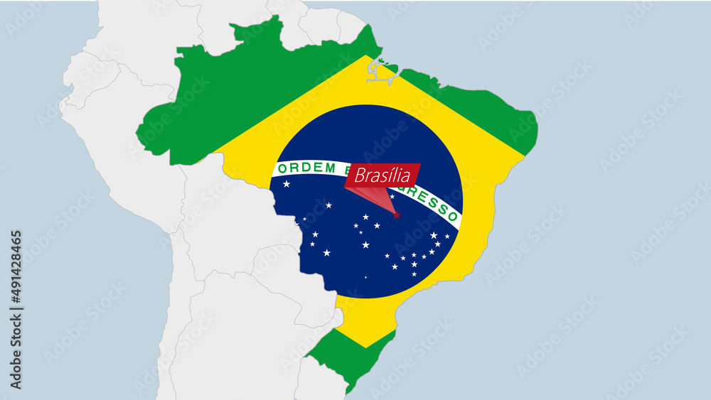 Brazil map highlighted in Brazil flag colors and pin of country capital ...