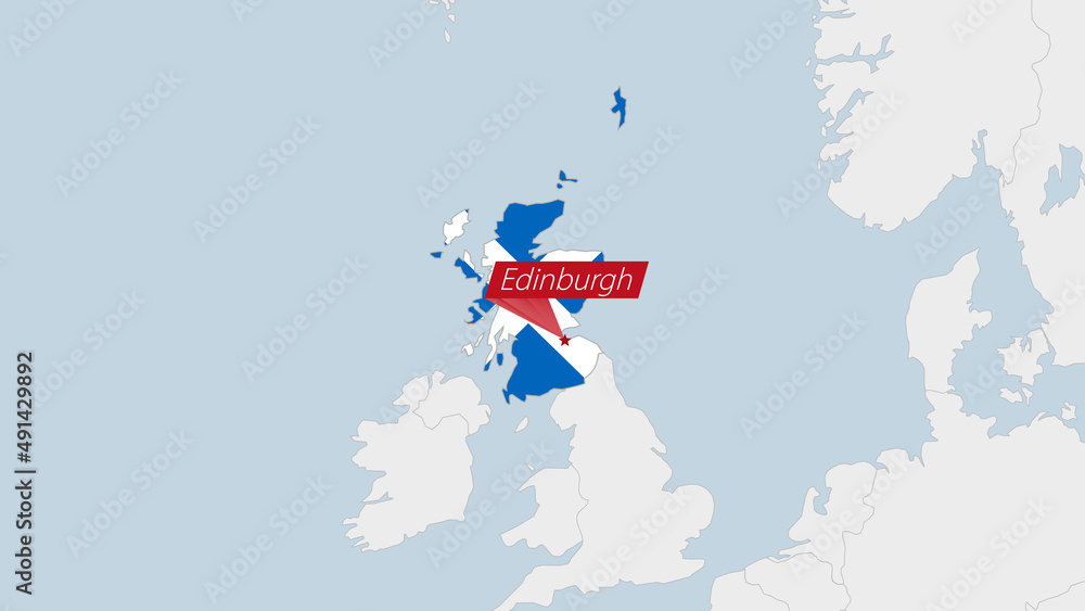 Scotland map highlighted in Scotland flag colors and pin of country ...