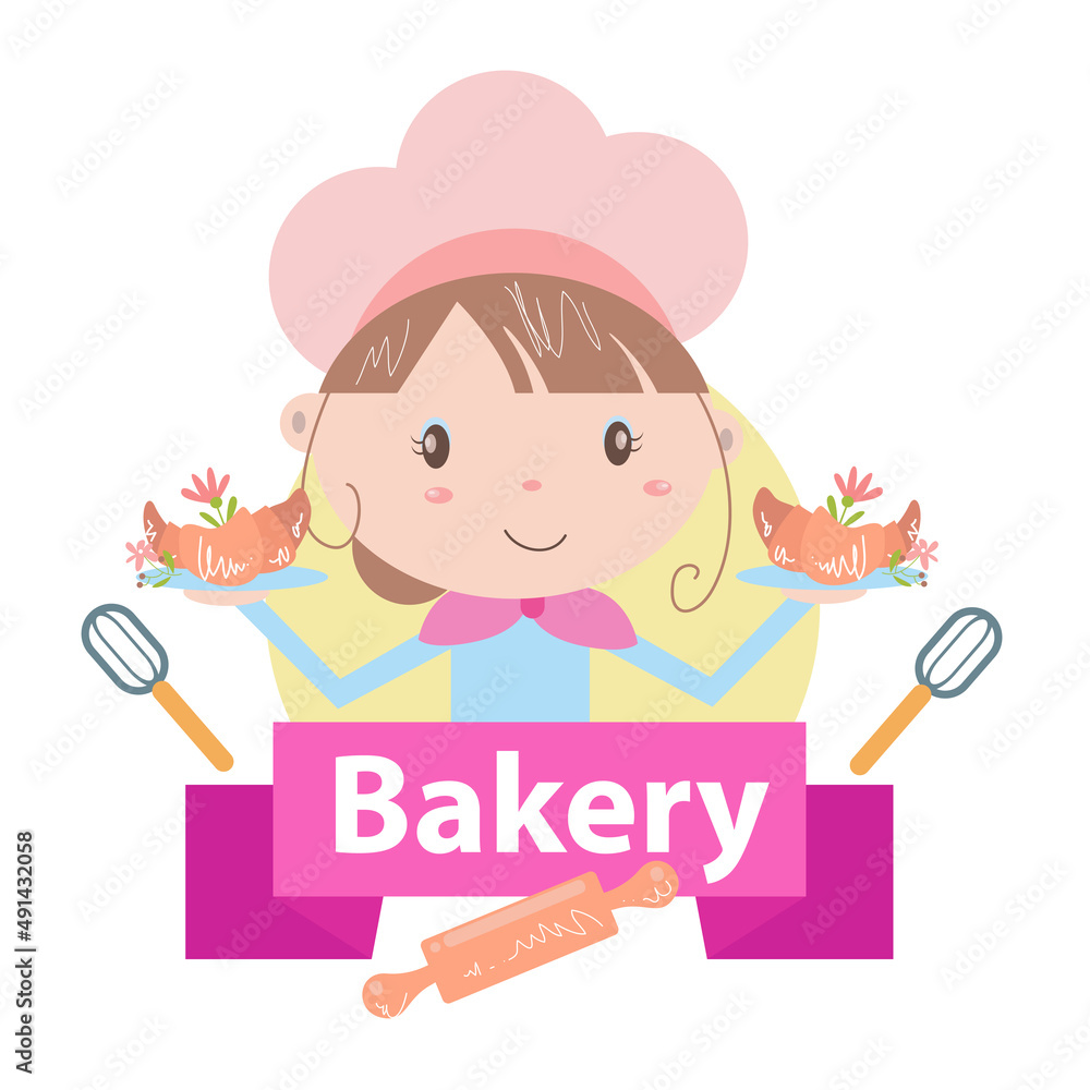 Bakery logo vector illustration with cute girl cartoon art Stock Vector ...