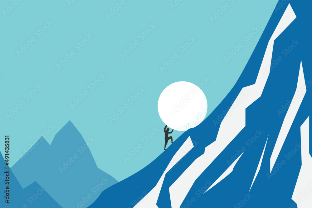 Strong business man pushing big rock uphill, surreal. Symbol of ...