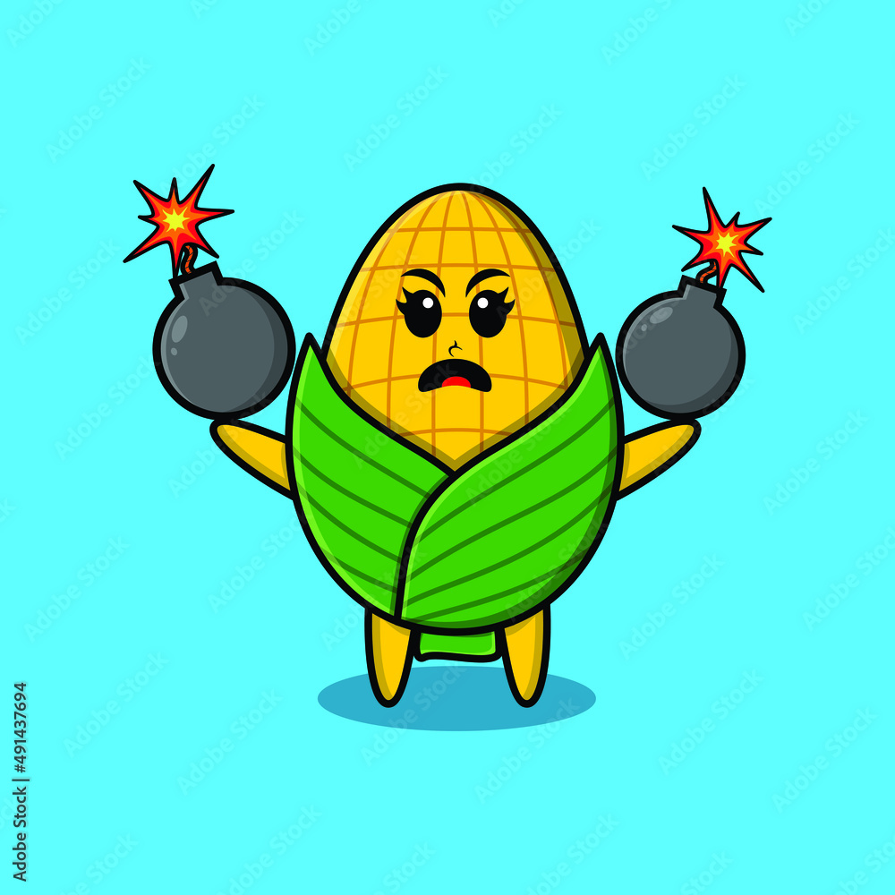 Cute cartoon corn holding bomb with scared expression in 3d modern ...