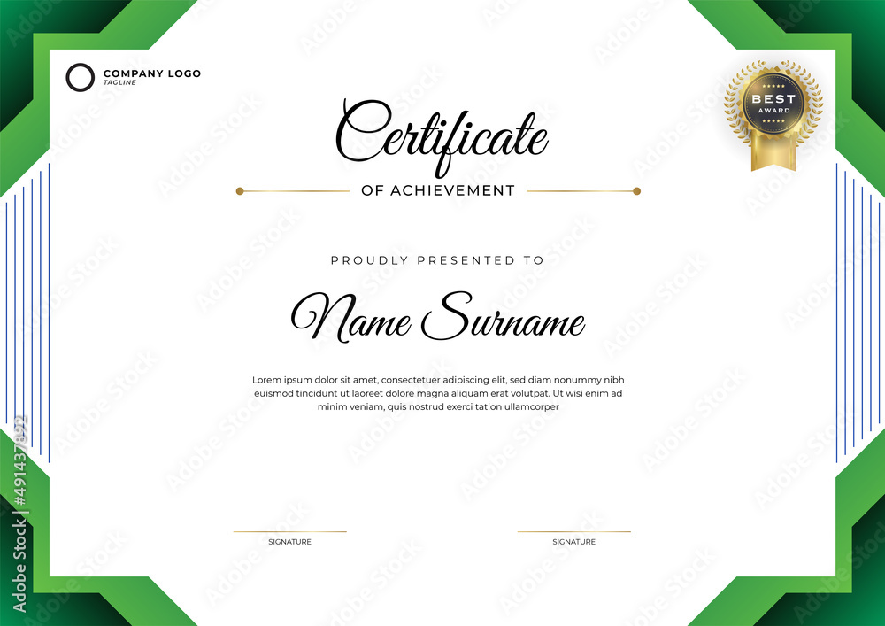 Modern green certificate template and border, for award, diploma, and printing. Green elegant ...