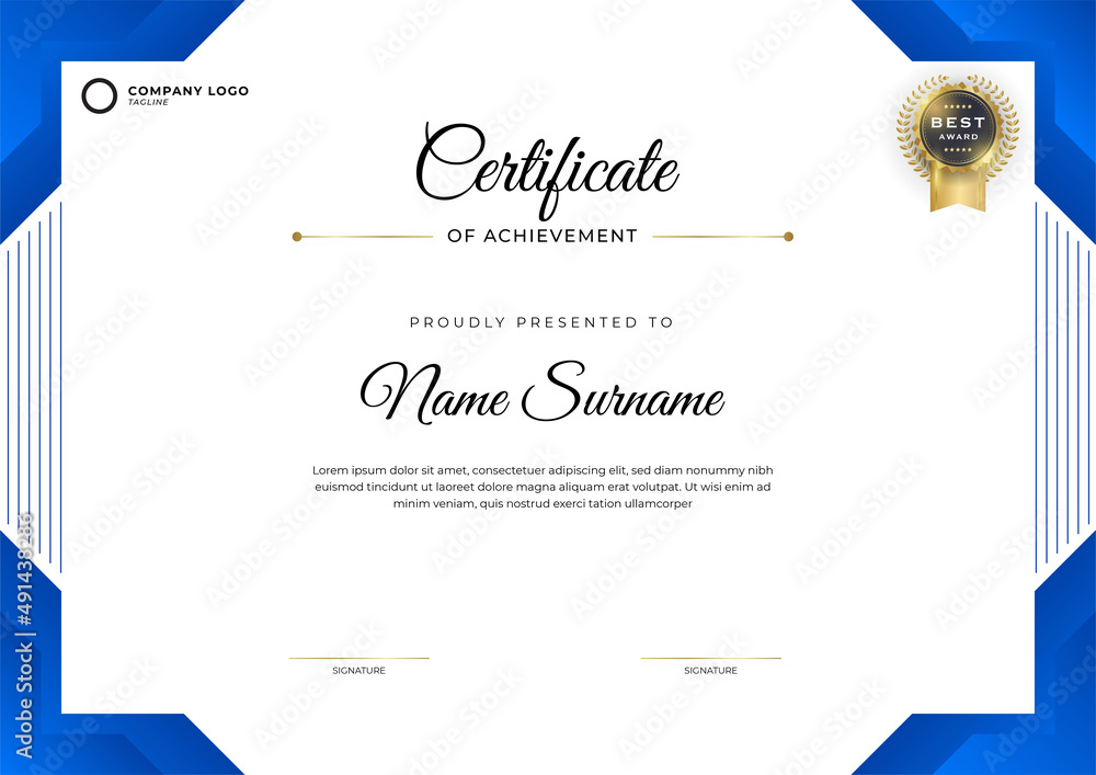 Modern blue certificate template and border, for award, diploma, and printing. Blue elegant ...