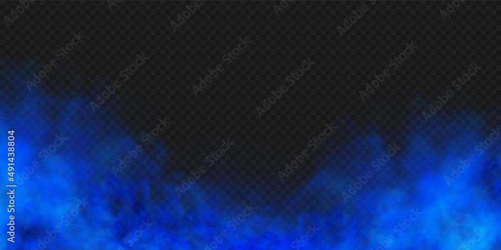 Blue smoke isolated on dark transparent background. Realistic blue ...