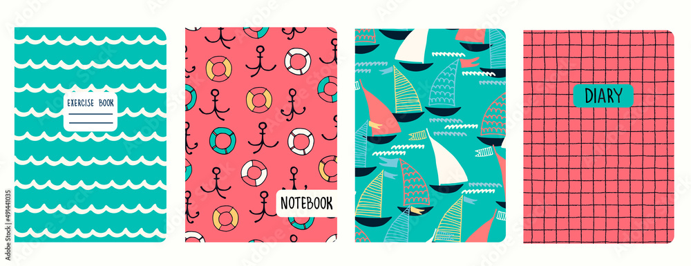 Set of cover page templates with sailing boats, anchors, lifesavers ...
