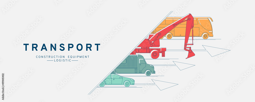 Poster Transport and logistic background with bus, truck, excavator and ...