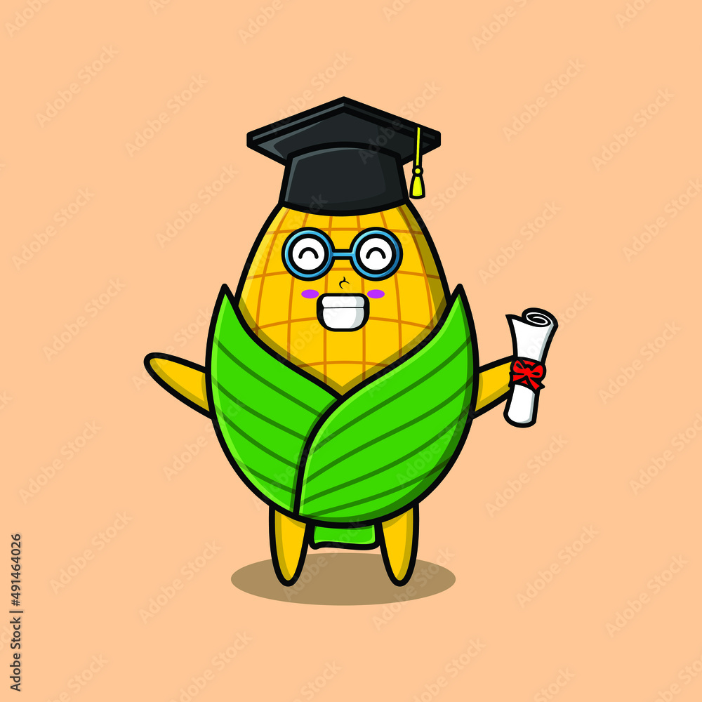 Cute cartoon corn student character on graduation day with toga in ...