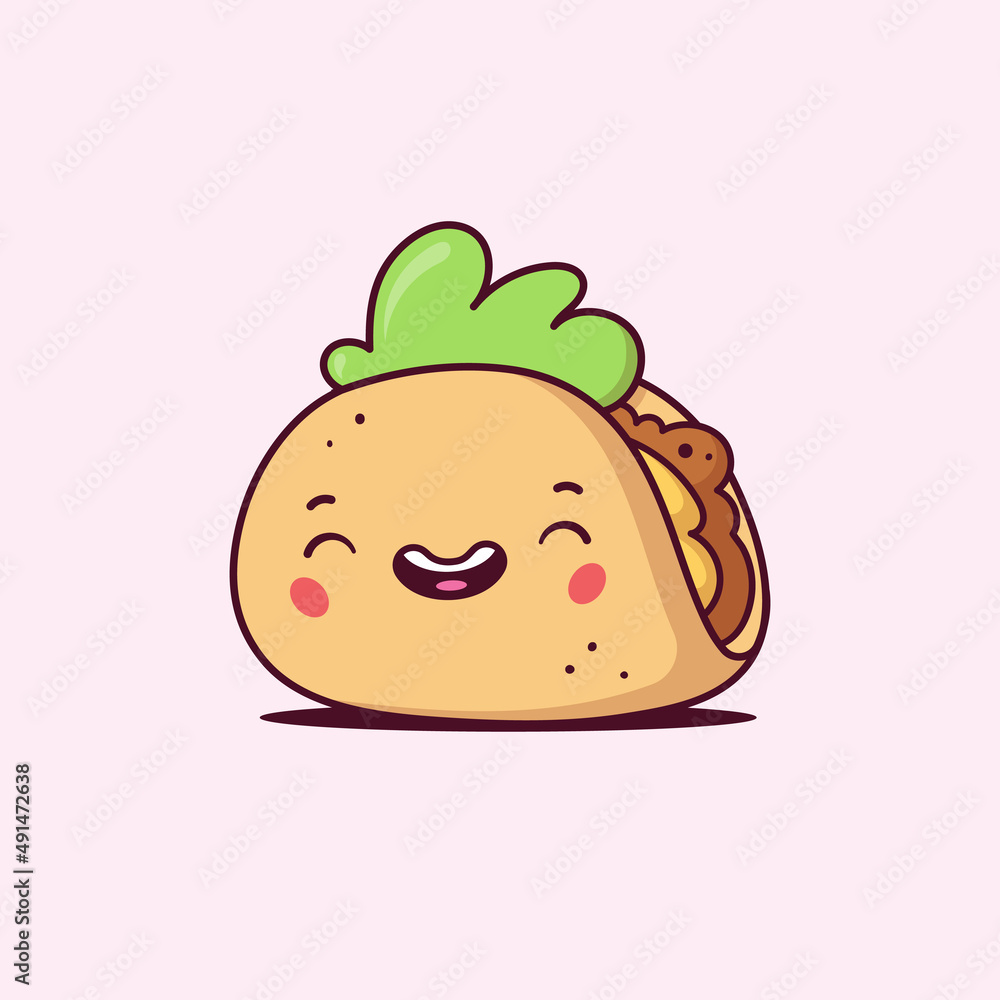 Cute smiling taco kawaii cartoon character vector illustration Stock ...