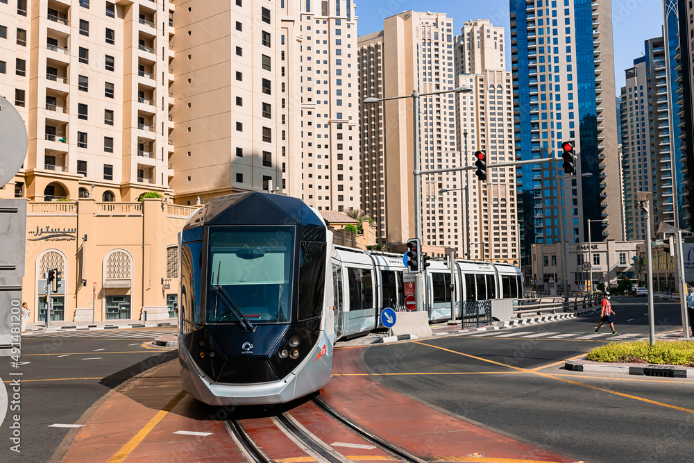 Dubai, UAE - November 06, 2021: Dubai Tram public transport transit ...