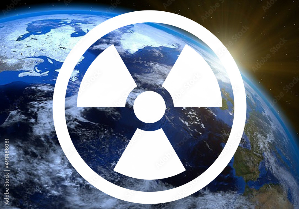 March 2022, image of the earth with radioactivity hazard symbol Stock ...
