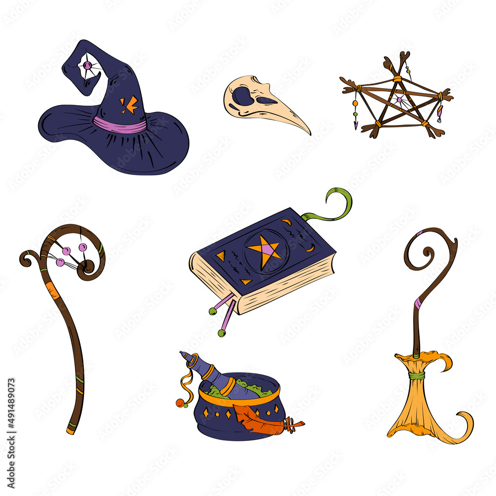 Collection witch amulets, ritual objects, halloween objects. Hand ...