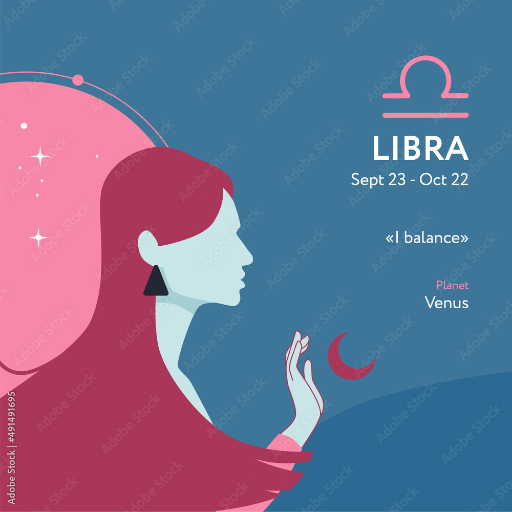 Libra astrological sign illustration with woman silhouette and planet ...