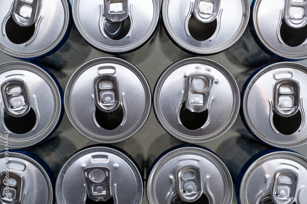 Recycling aluminum or metal empty cans top view. Group of Beverage cans ...