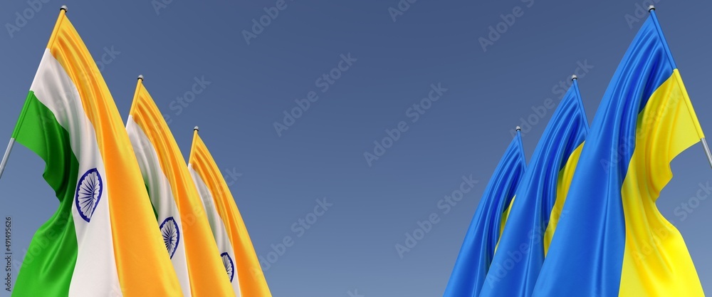 Flags of India and Ukraine on flagpoles on sides. Flags on a blue ...