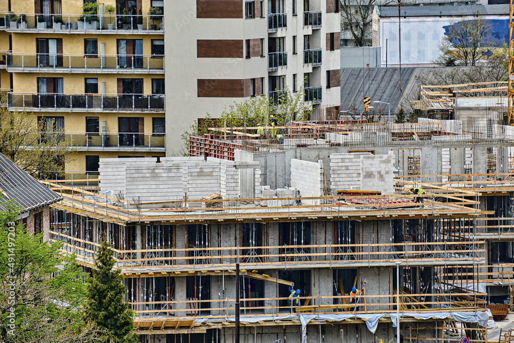 Residential building construction site, formwork, iron rebars or ...