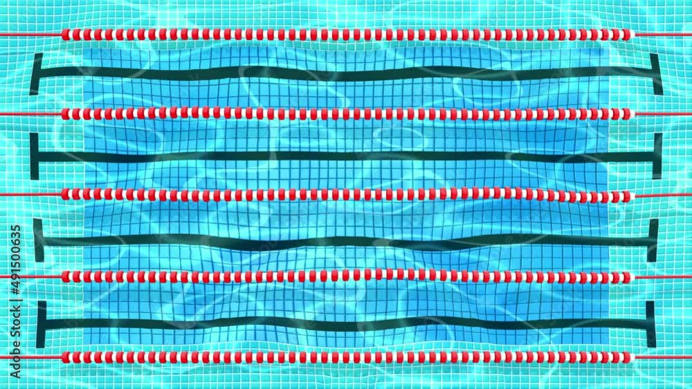 Top view of the swimming pool with black pool floor lane markings and ...