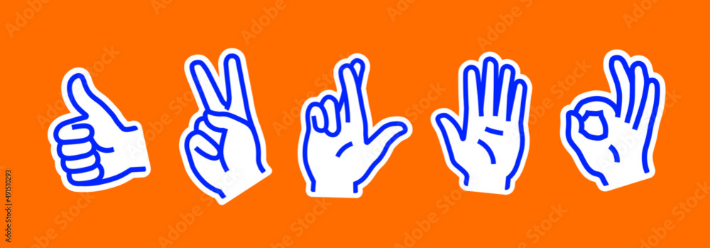 Hand signs and gestures set of patches. Vector stickers of crossed ...