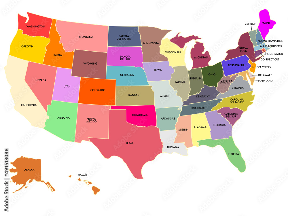 Color map of the United States with names Stock Vector | Adobe Stock