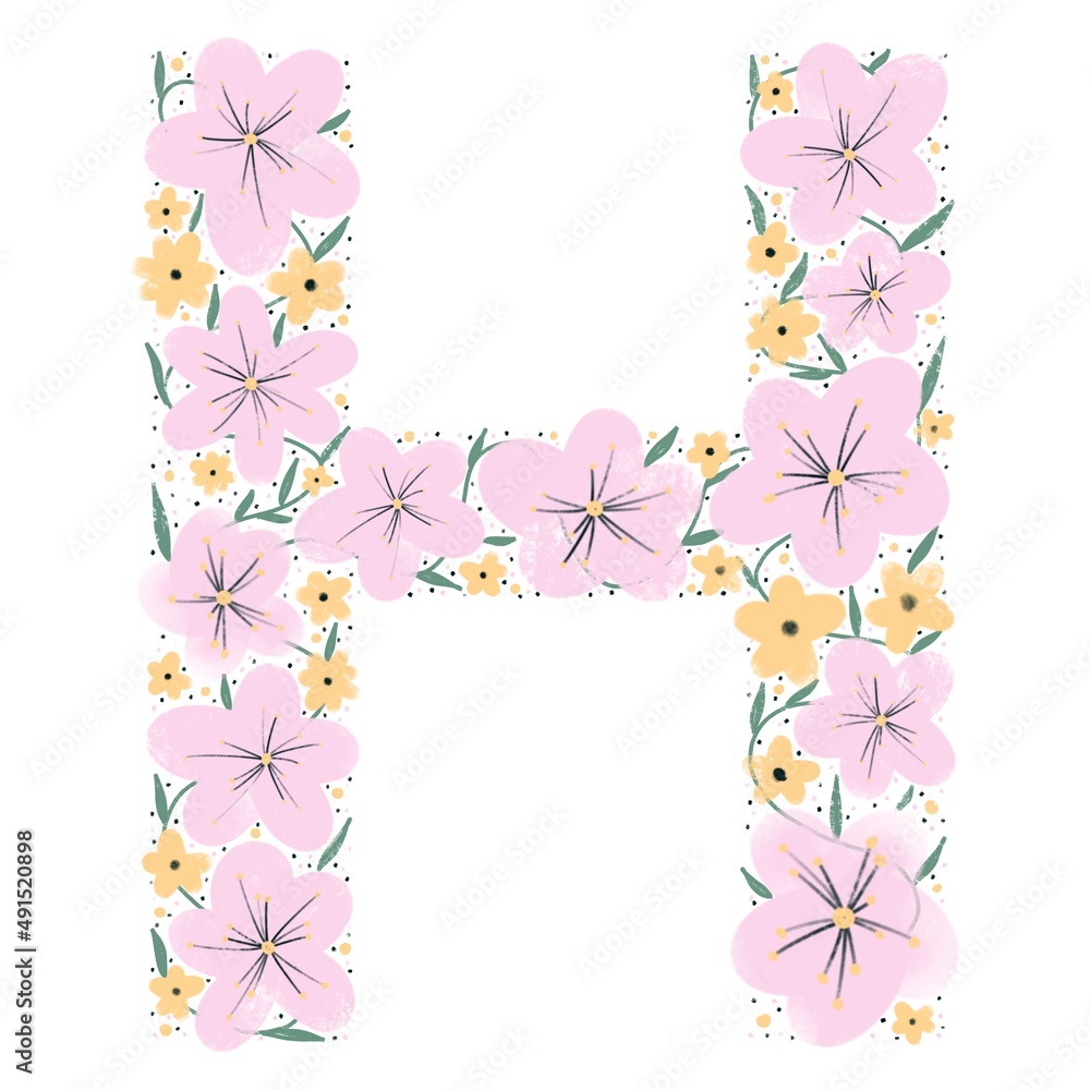 Botanical letter H. Floral lettering alphabet. Letter H isolated. For ...