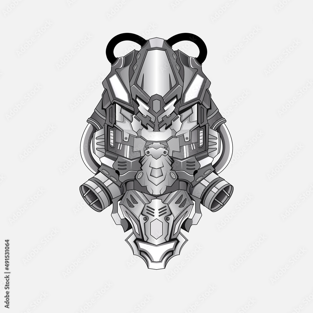 Costum robot head t shirt illustration black and white sketch. mecha ...