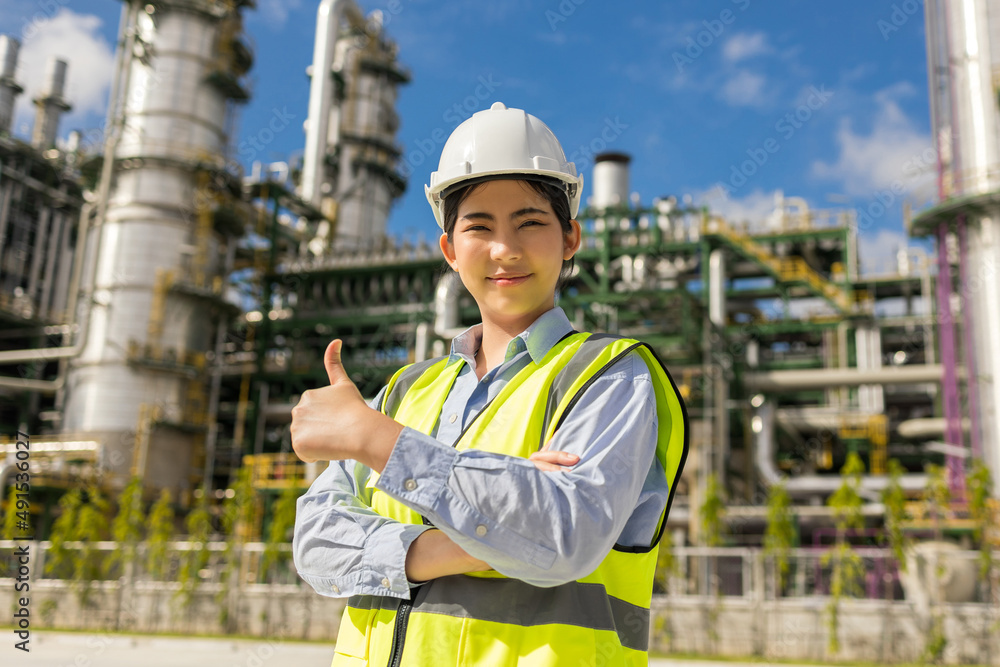 Asian engineer manager woman with white safety helmet standing front of ...