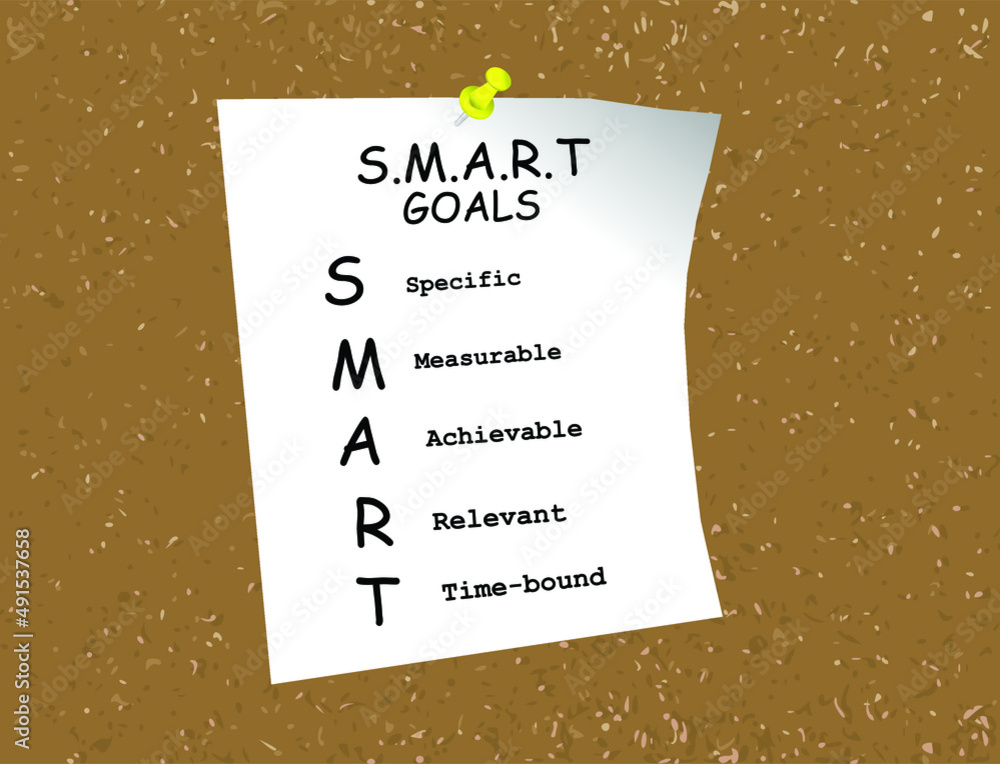SMART goals template on white paper pinned to wall or board ...