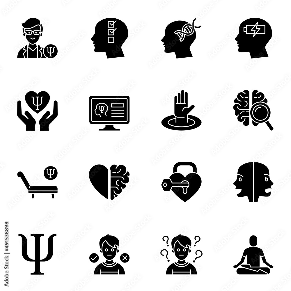 Psychology, psychologist, psychotherapist, psychotherapy black glyph ...