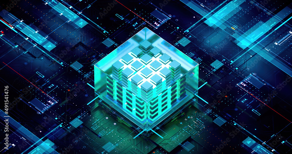 3D rendering of cyberpunk AI. Circuit board. Technology background ...