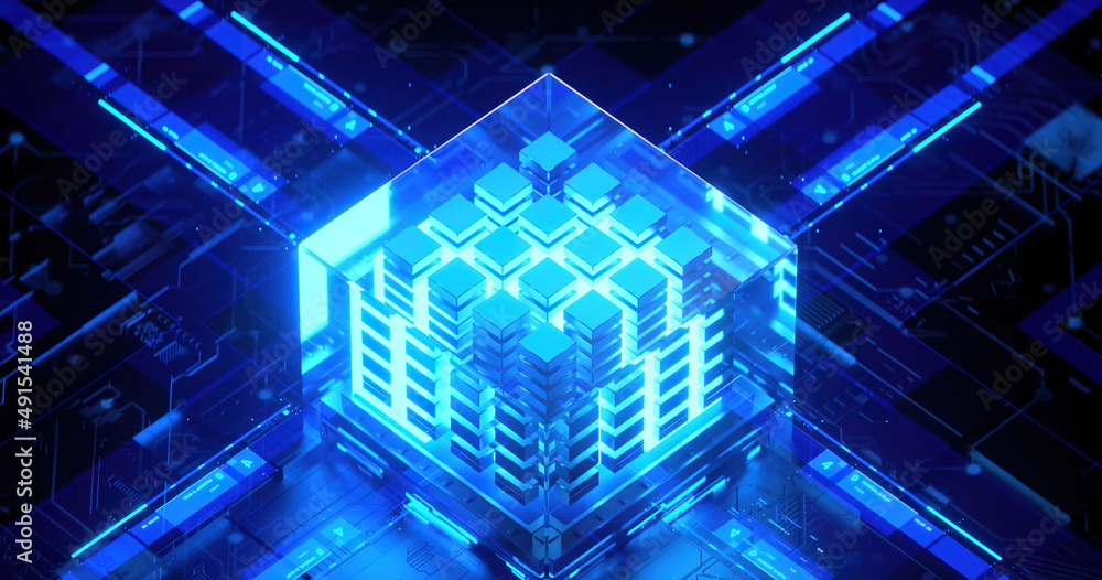 3D rendering of cyberpunk AI. Circuit board. Technology background ...