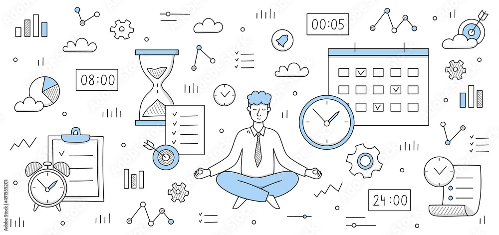 Time management concept with man meditate in yoga pose and icons of ...