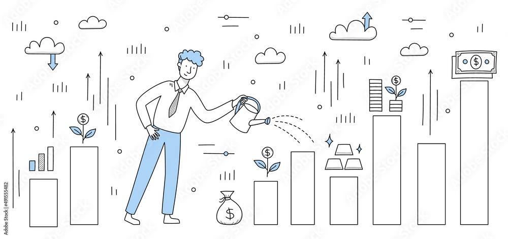 Finance investment, money grow doodle concept with businessman water ...