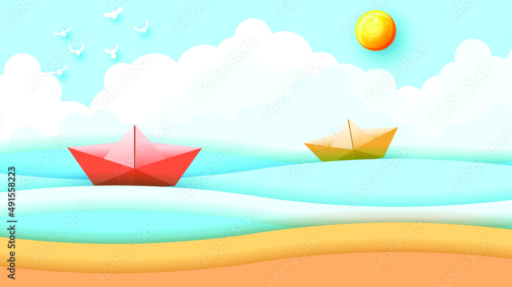 Abstract Paper Cut Ocean Sea Background Vector With Wave Paper Ships ...