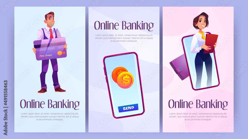 Online banking cartoon posters, money transaction services. Bank worker ...