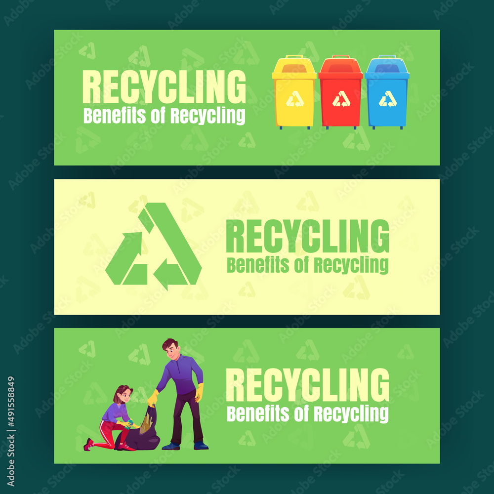 Ecology posters with trash bins, recycle sign and people collect ...