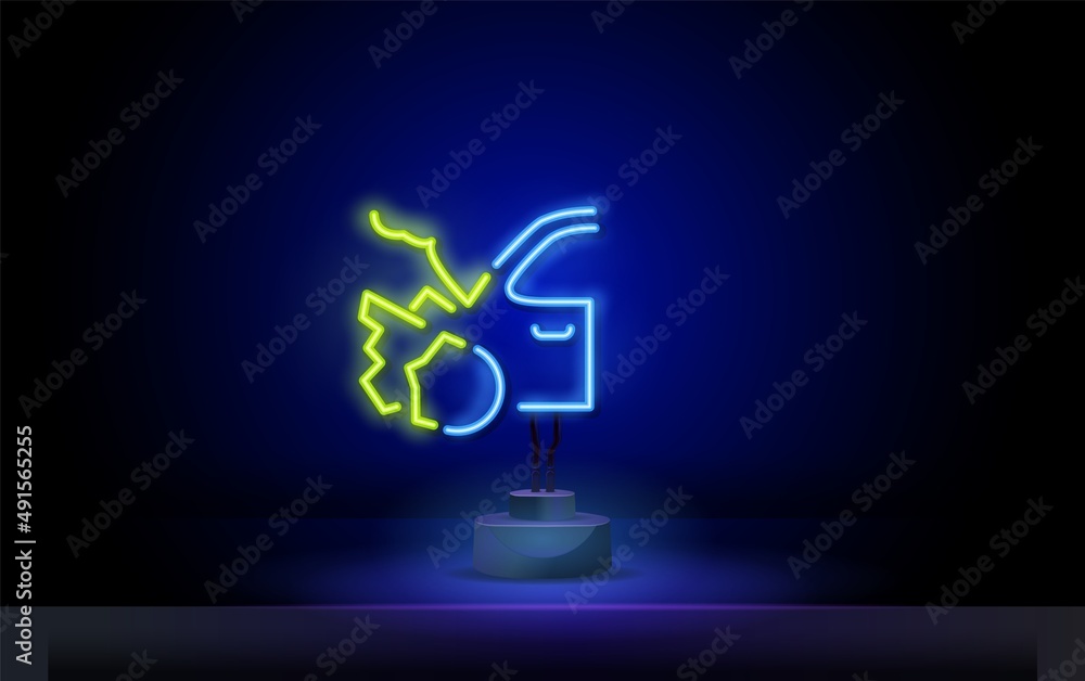 Broken car neon sign. Luminous signboard with road accident. Night ...