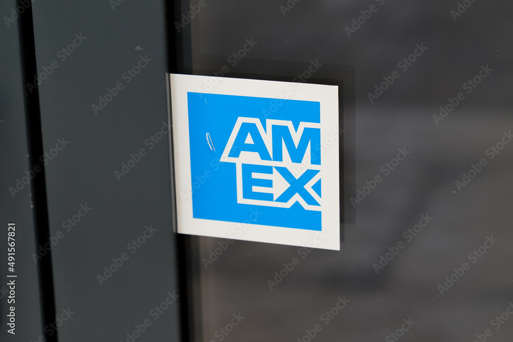 amex american express logo brand and sign text on windows shop of Am-ex ...