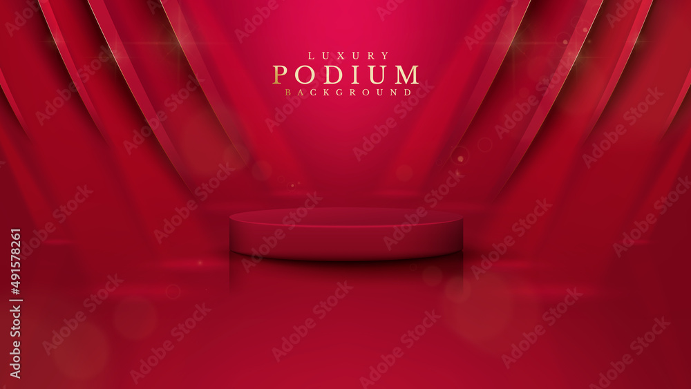 Red color podium with ribbon elements and gold lines with glitter light ...