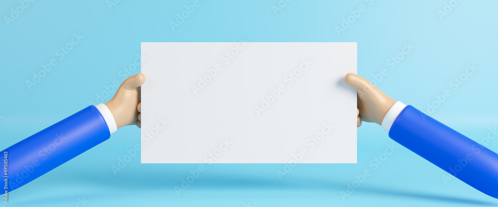 A white sheet in 3d businessman hands on blue background, hands holding ...