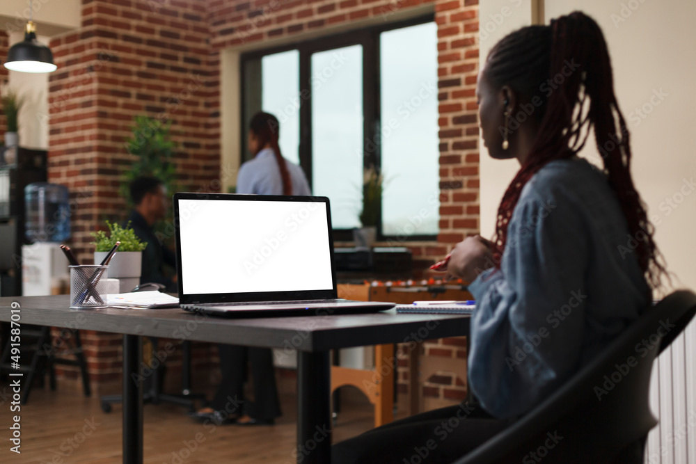 Team member in company office with mockup computer screen and chroma ...
