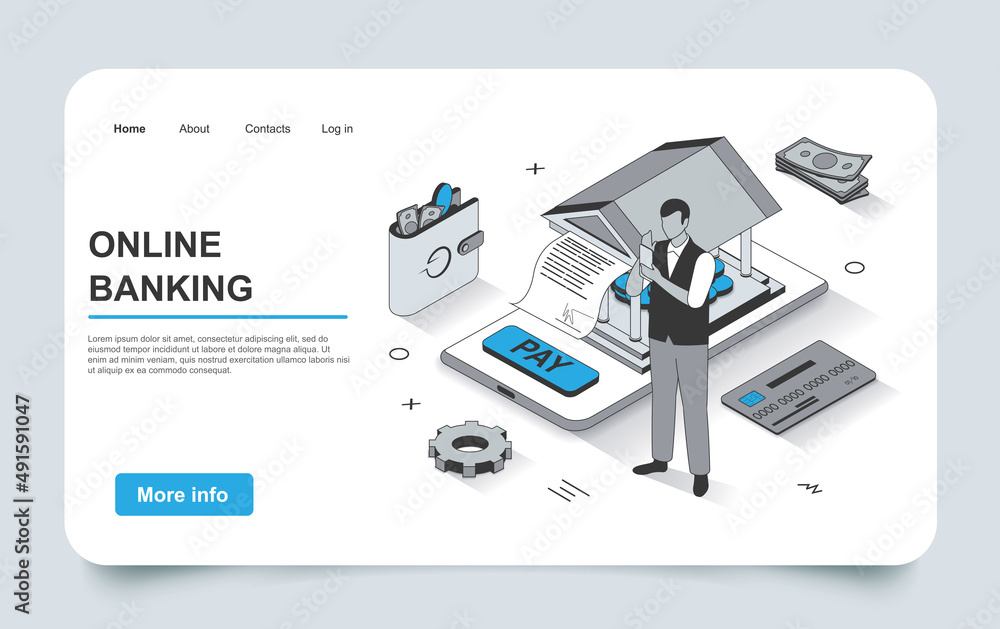 Banking service concept in 3d isometric landing page outline design ...