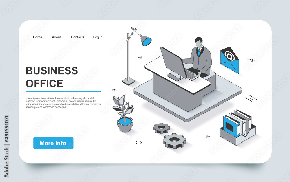 Business office concept in 3d isometric landing page outline design ...