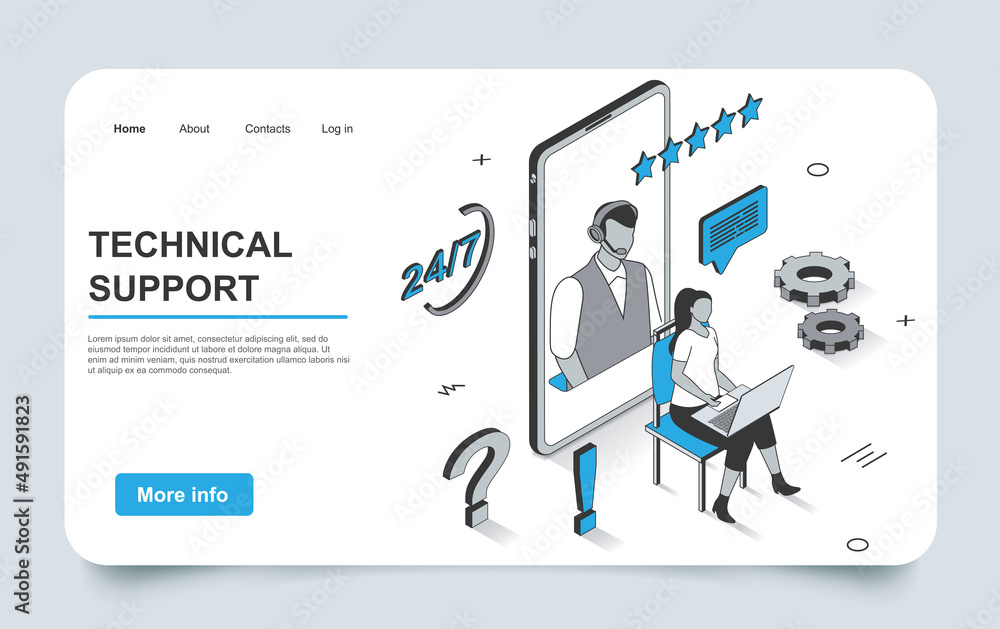 Technical support concept in 3d isometric landing page outline design ...