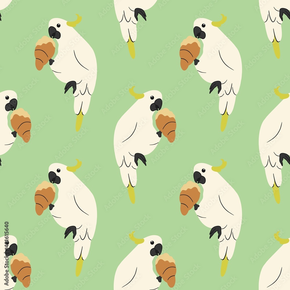 Seamless pattern Australian crested white cockatoo with a croissant in ...