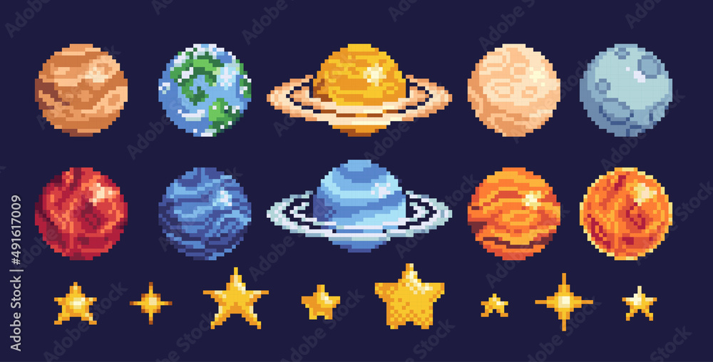Plakat Planets of Solar system pixel art icon set. Astronomical ...