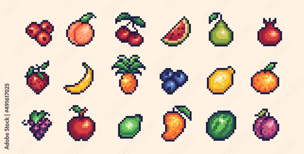 Fruits pixel art icon set. Berries and exotic plants logo collection. 8 ...