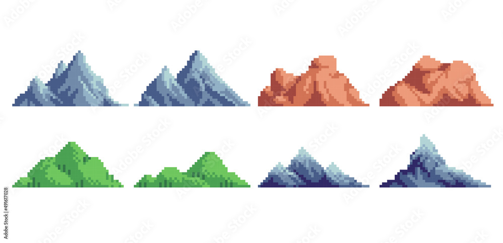 Mountains and hills pixel art icon set. Different landscape elements ...
