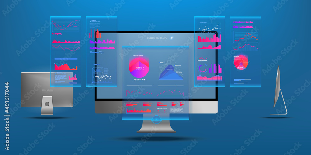 Monitor with stock market chart, user interface and UX data analysis on ...