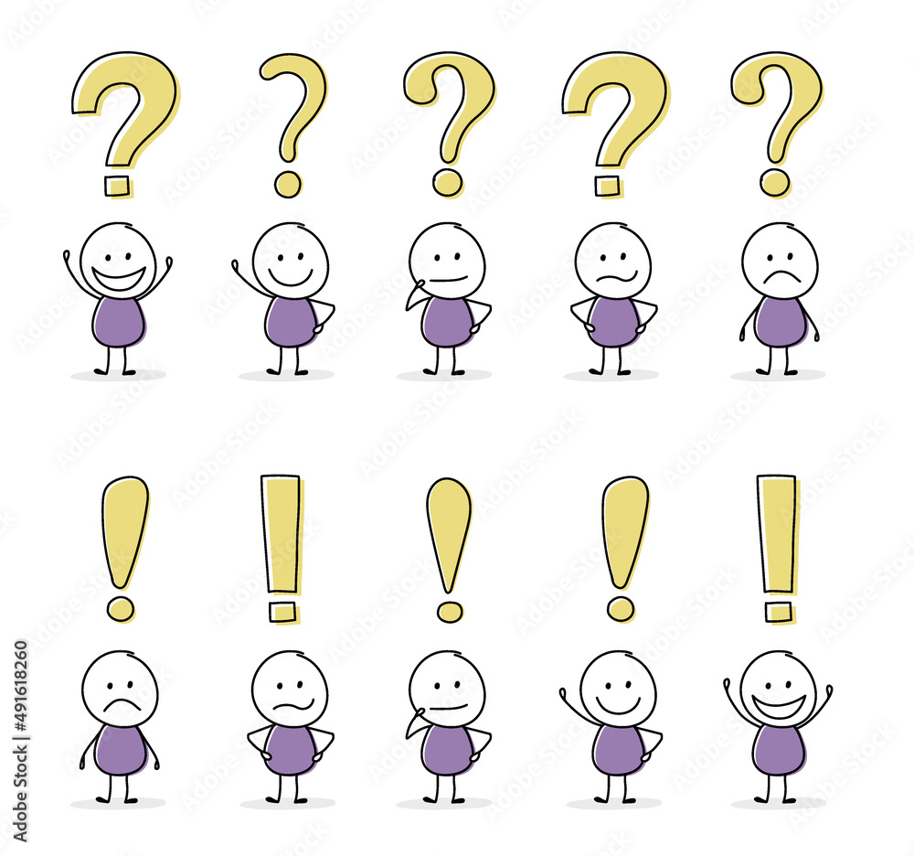 Business concept. Funny stickman with question mark and exclamation ...